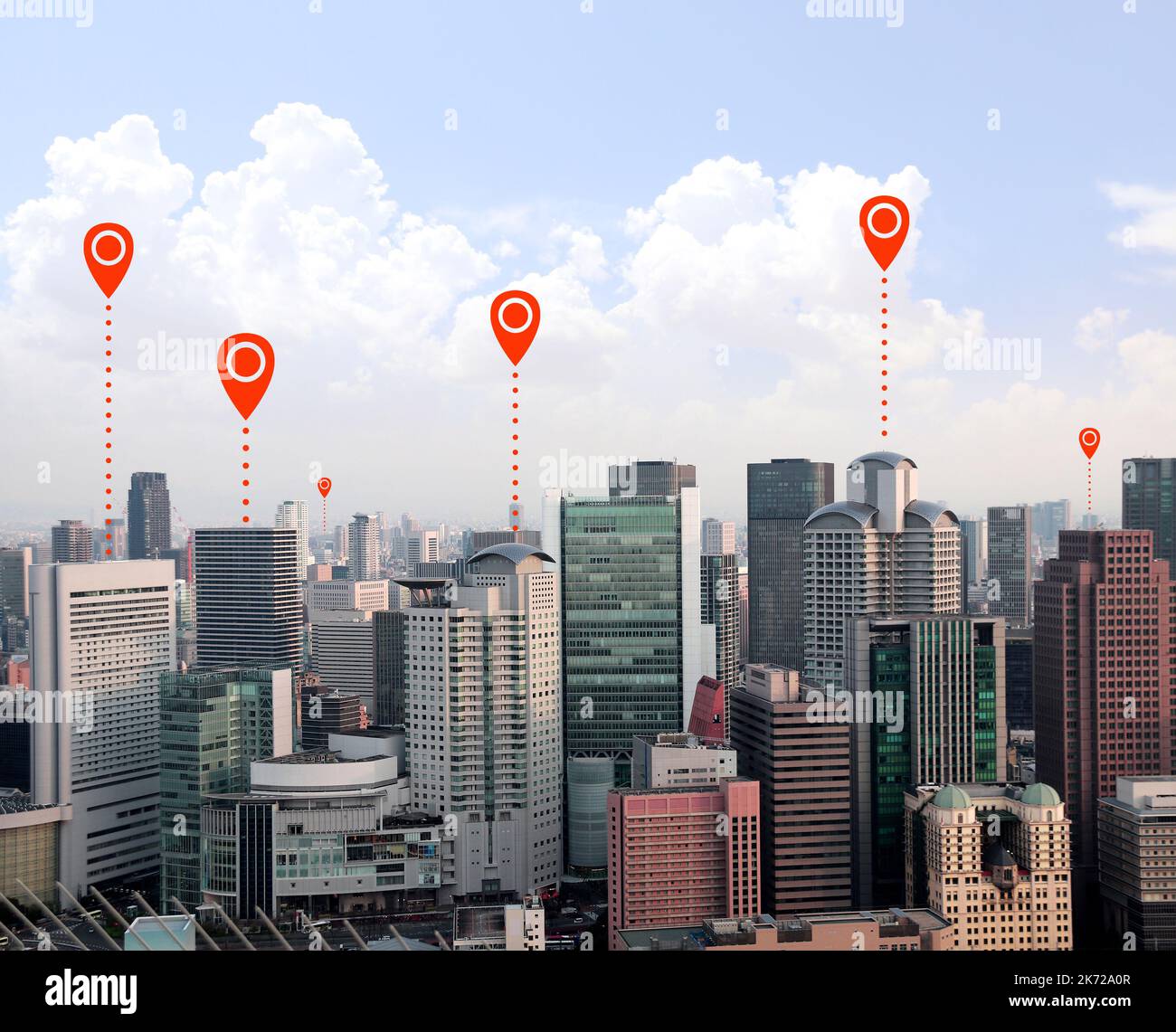 Network connection concept. Aerial view on Osaka with red location pin ...