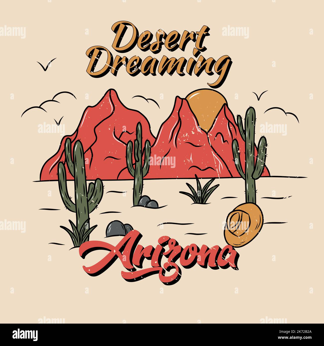 Arizona desert vibes with cactus and mountain. Print design for apparel ...