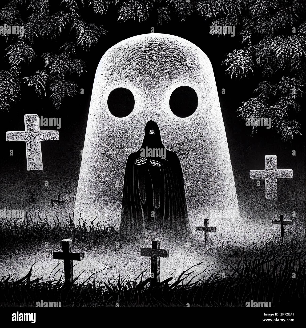 Black and white illustration of a huge white hungry ghost in a foggy ...