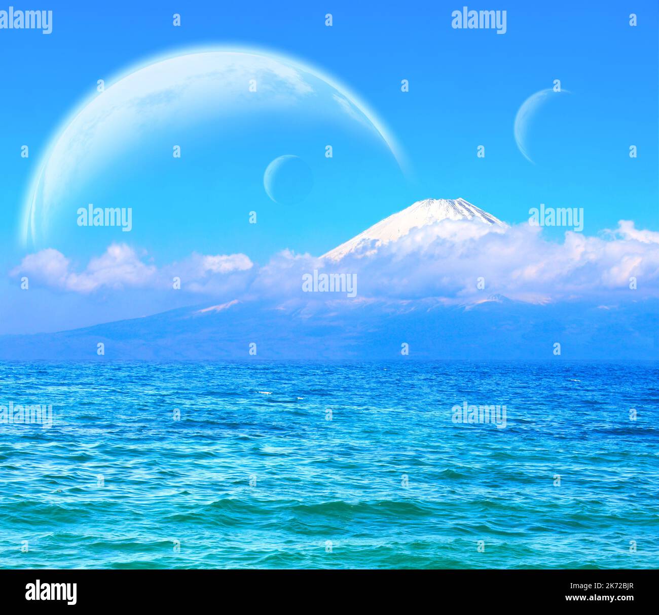 Fantastic landscape with mountain and planets in blue sky. Beautiful ...