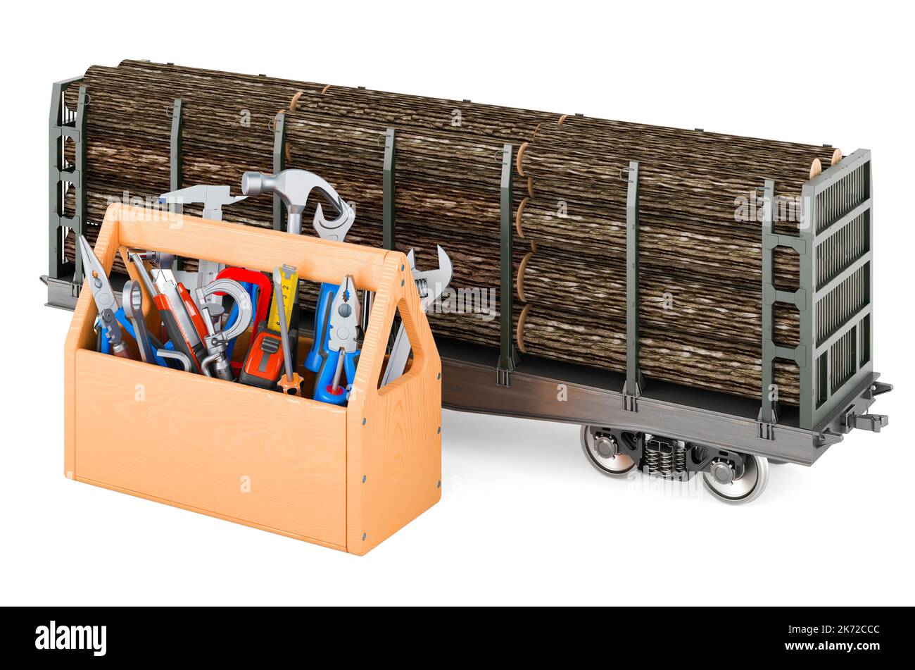 Freight wagon with wooden logs with tool box, 3D rendering isolated on ...