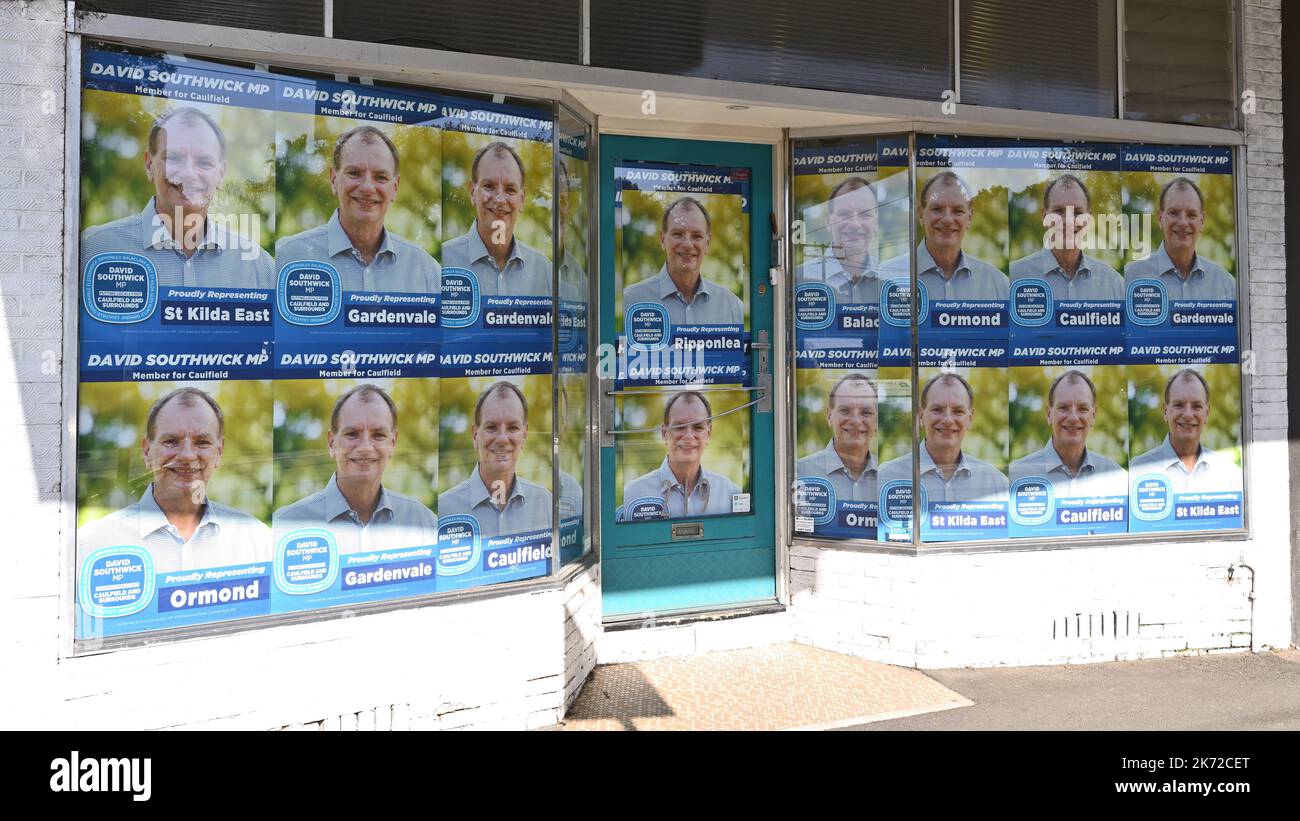 Many virtually identical election campaign signs in a store front ...