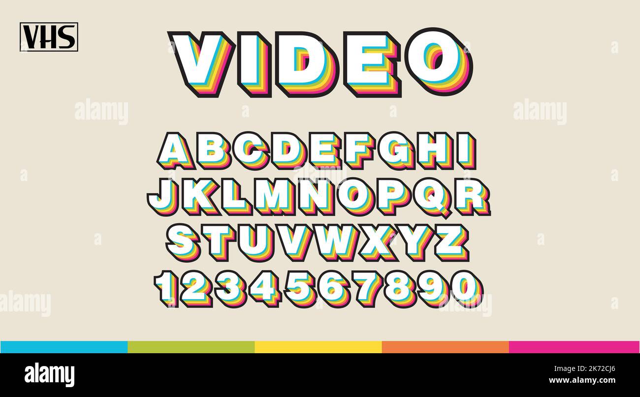 90's VHS Alphabet, Raibow colors sans serif letters and numbers. Analog ...