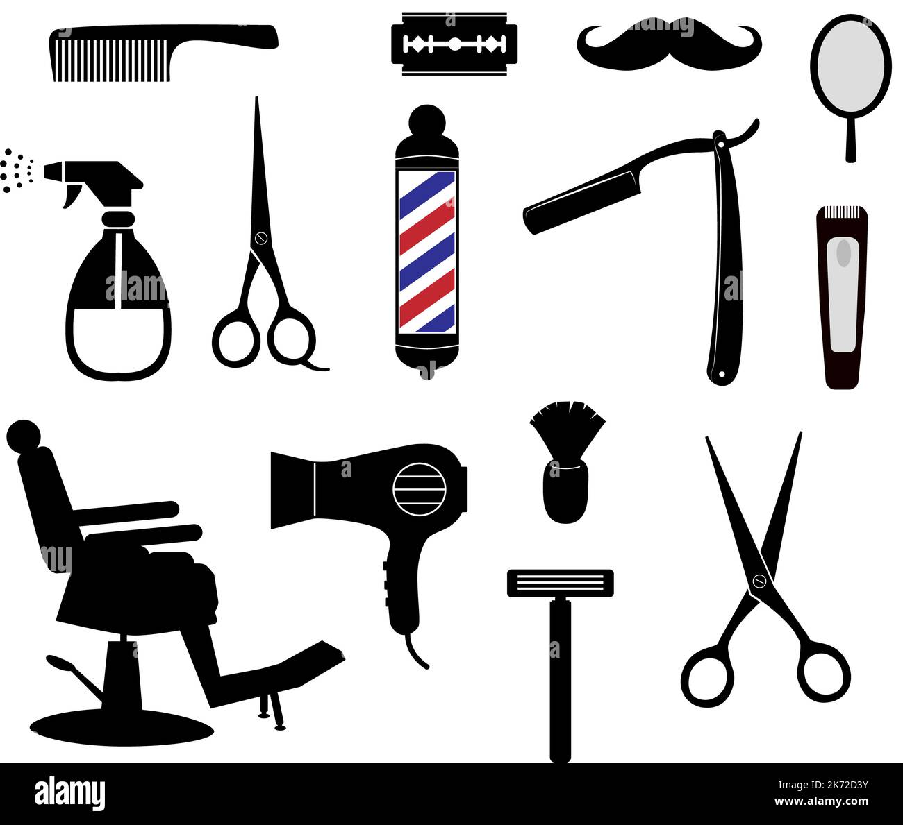 Barbershop equipment, tools, cosmetics icons on white background ...