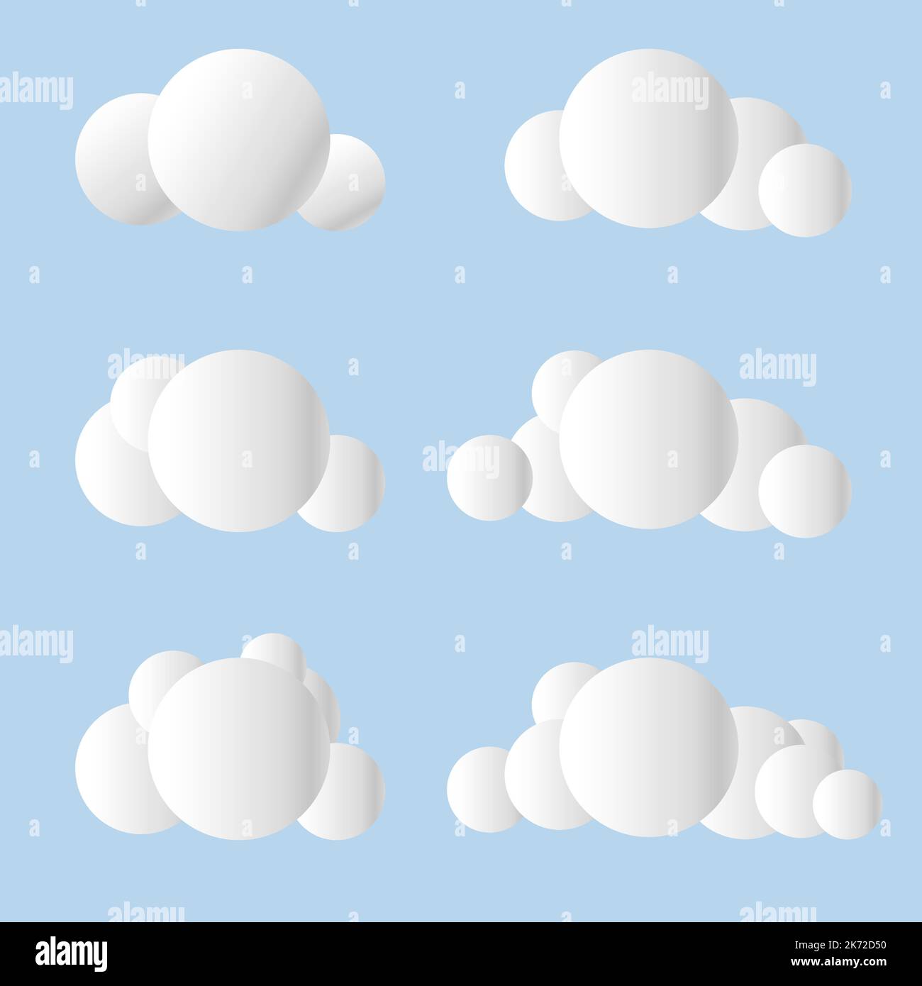 3d render of a clouds set isolated on a grey background. Soft round cartoon fluffy clouds mock ...