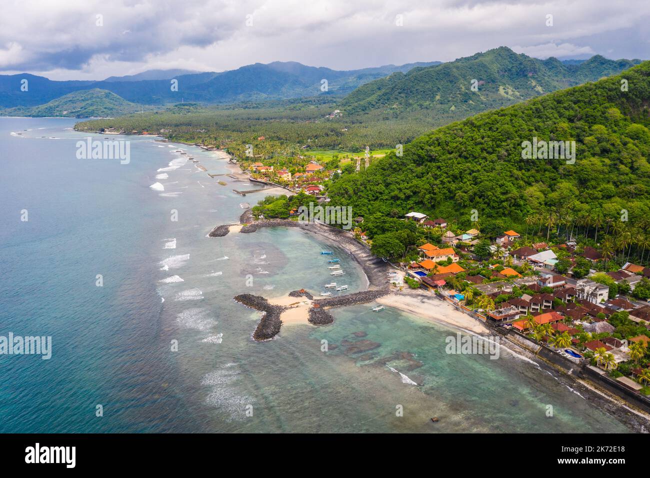 Candidasa, Bali: Aerial drone view of the Candidasa beach and coastline ...