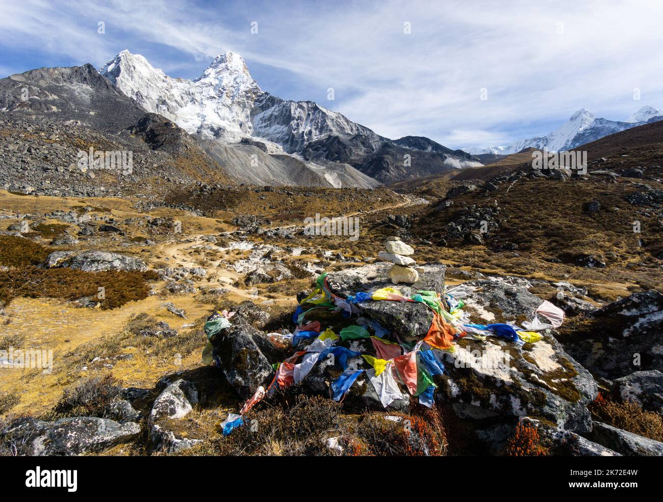 Ama Dablam peak and base camp in the Himalaya in Nepal with tibetan ...
