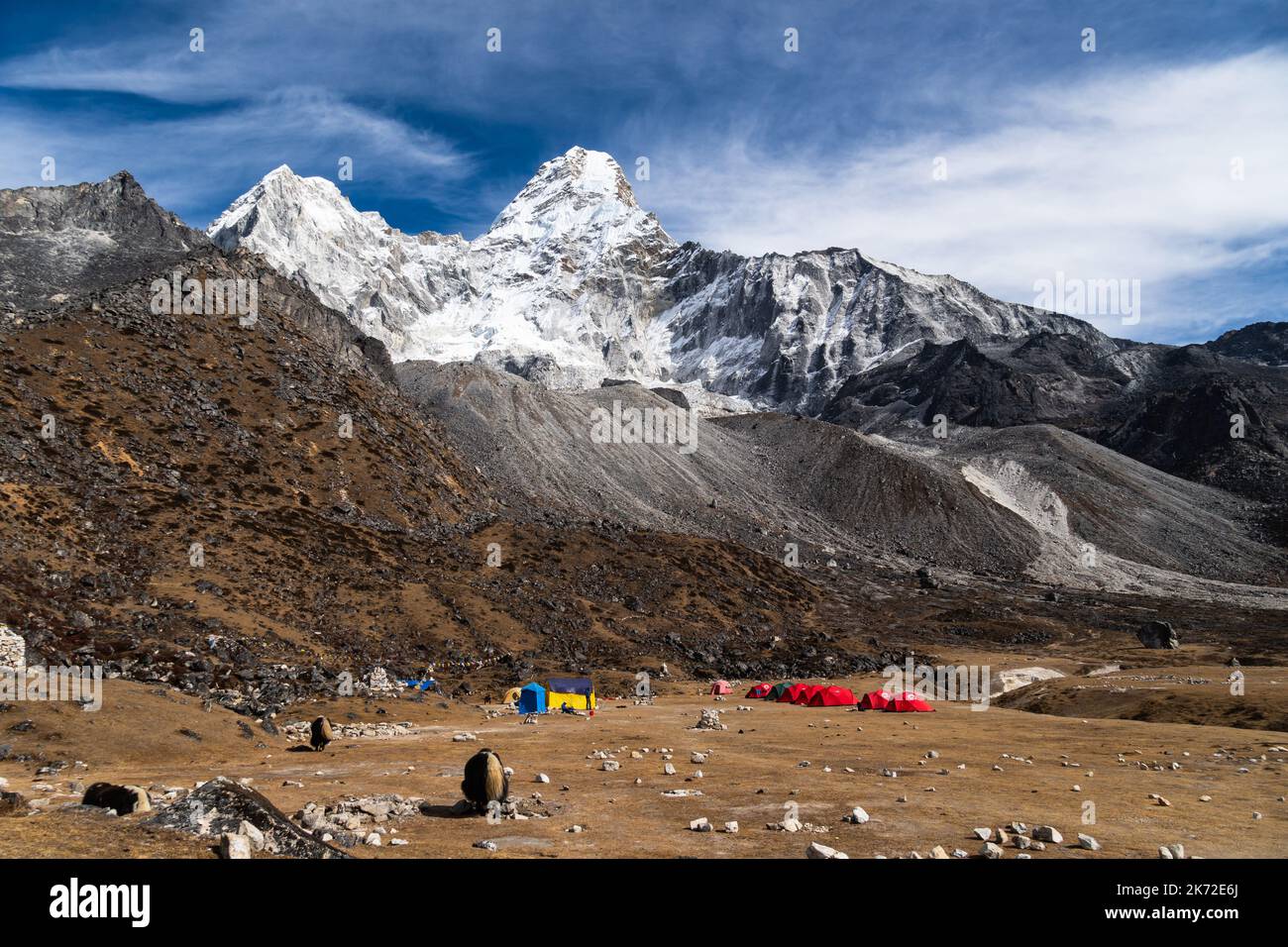 Ama Dablam peak and base camp in the Himalaya in Nepal. This is a ...