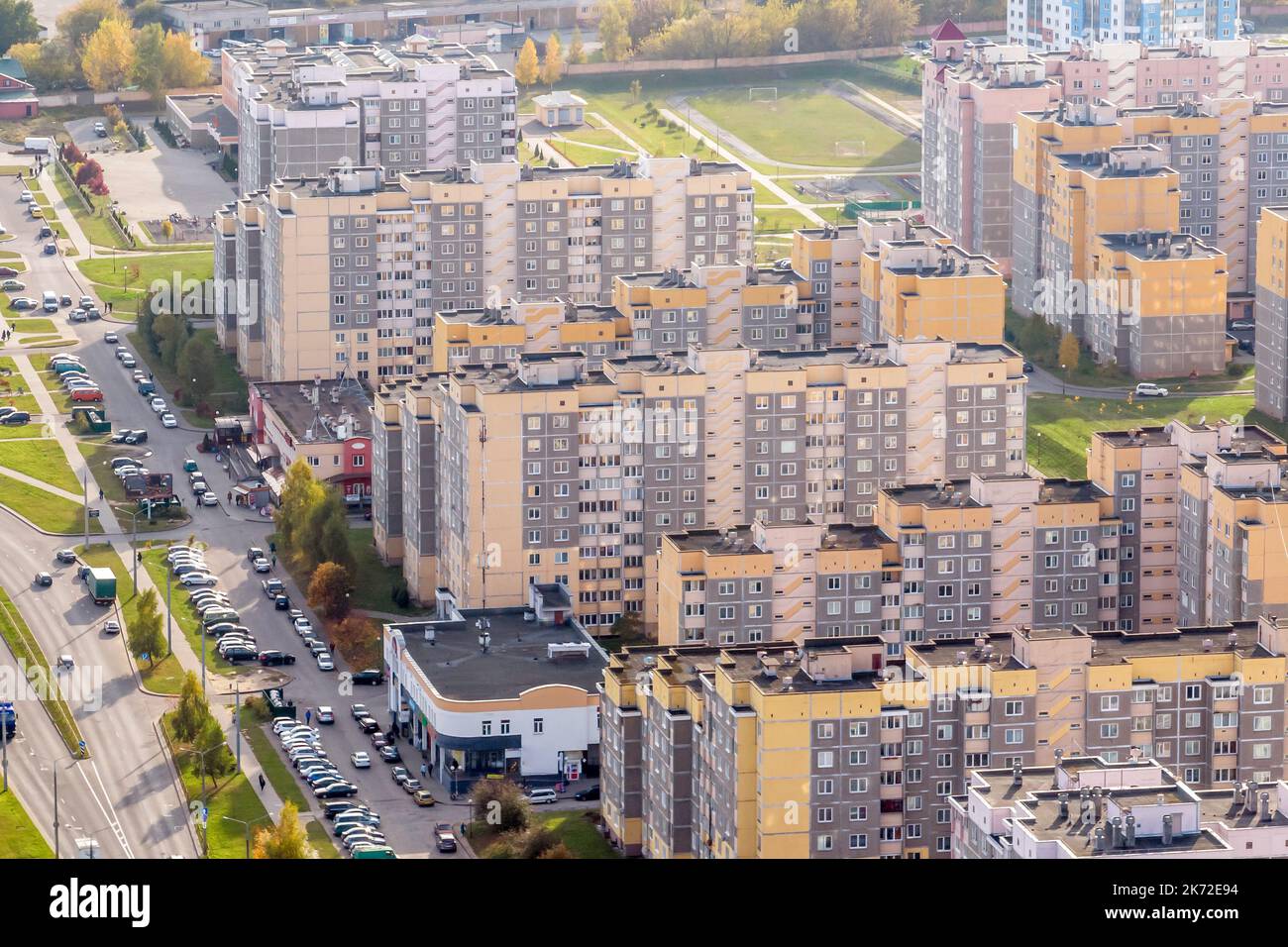 aerial panoramic view from height of a multi-storey residential complex ...