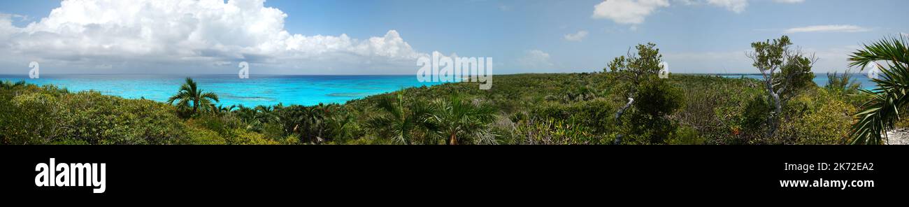 The panoramic view from the highest point on uninhabited tourist island ...