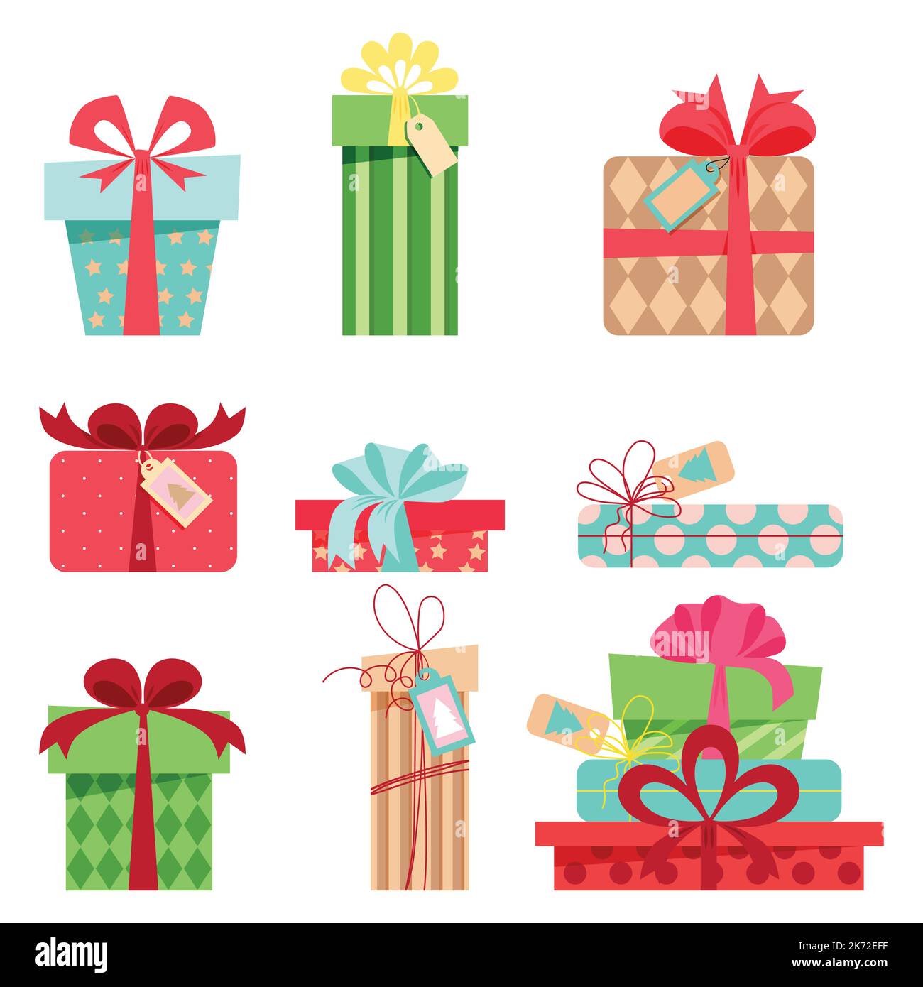 Cartoon set of colored gift boxes, individually. cut object. Birthday ...