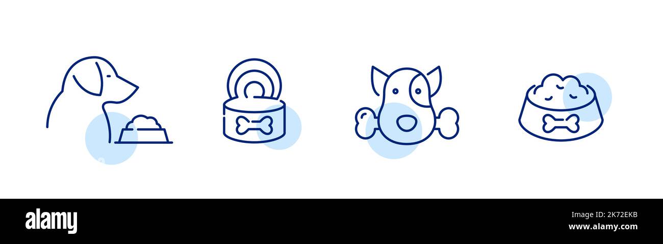 Set of dog food related icons. Dog eating a bone, can and bowl full of ...