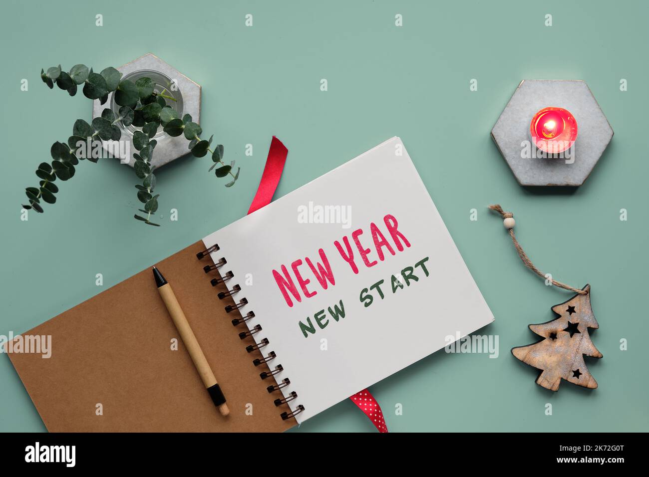 Text New Year, new start in notebook, journal. Mint green background ...