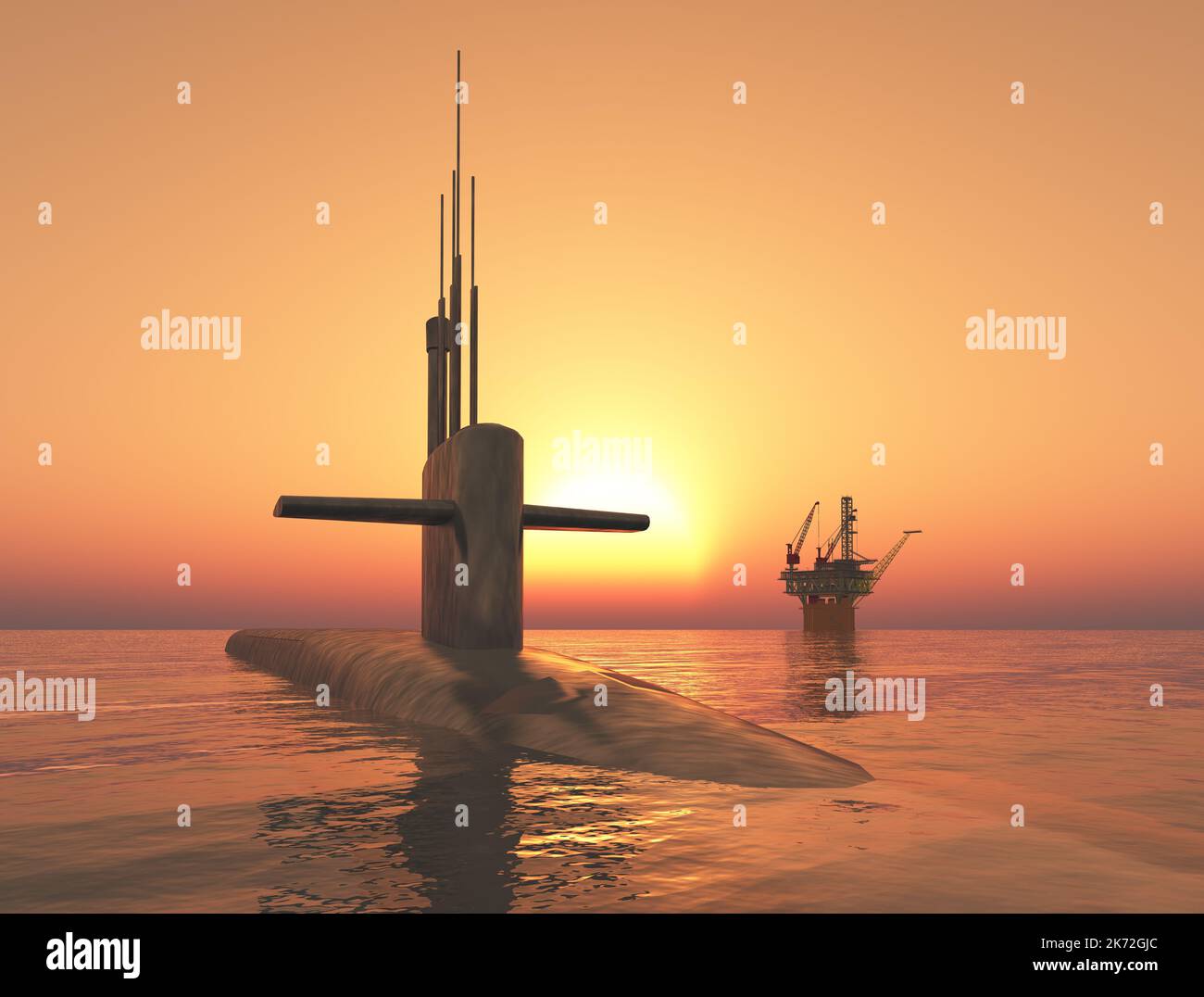 Modern submarine and offshore platform in the open sea at sunset Stock ...