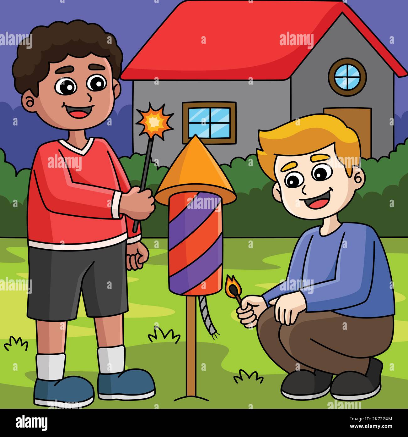 New Year Boys With Fireworks Colored Cartoon Stock Vector Image & Art ...