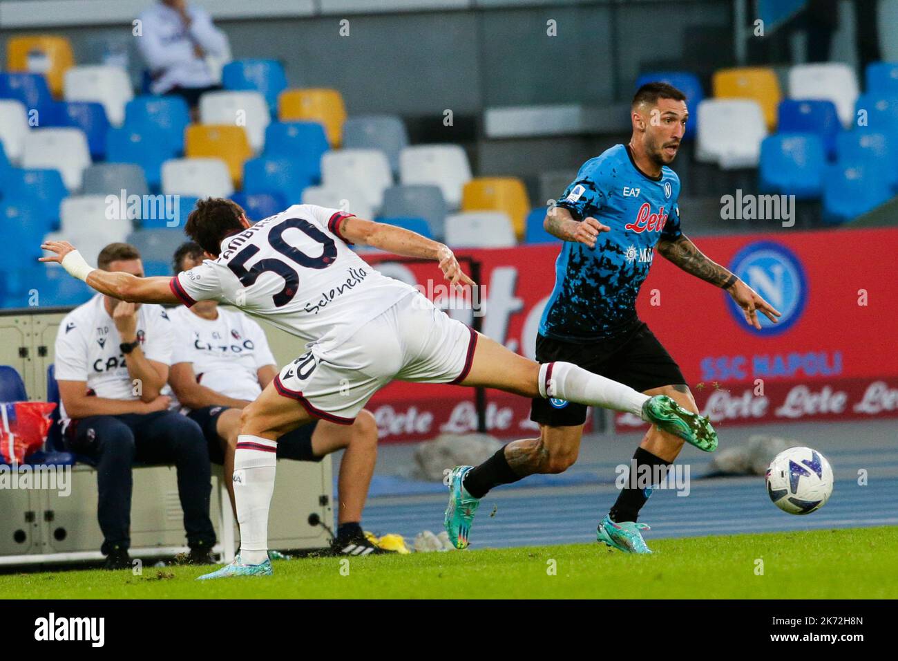 Bologna's Italian defender Andrea Cambiaso challenges for the ball with ...