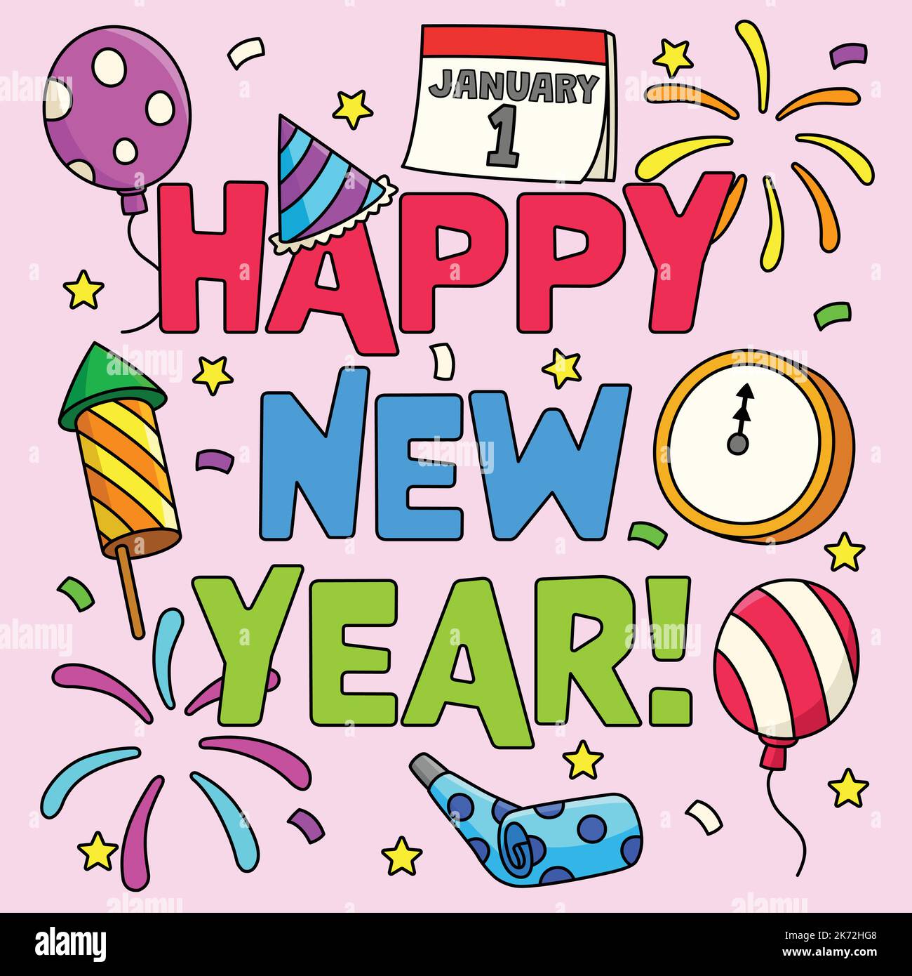 Happy New Year January 1 Colored Cartoon Stock Vector Image & Art - Alamy