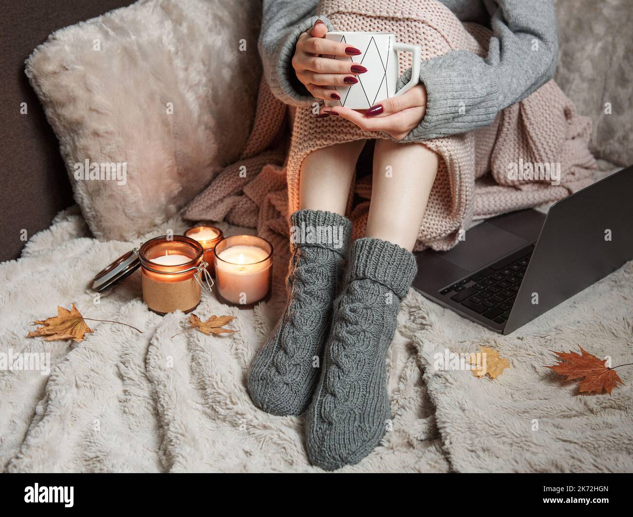 Cozy home, woman covered with warm blanket, drinks coffee and works on ...