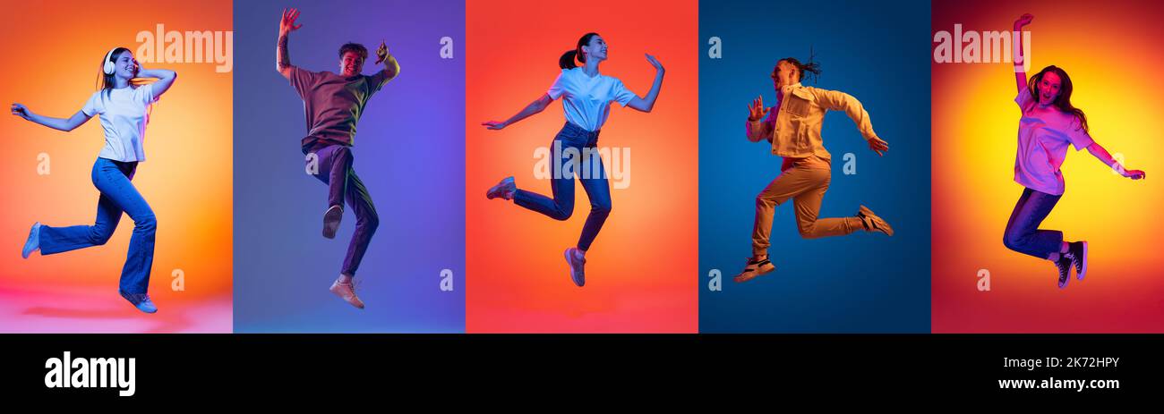 Collage of portraits of young excited expressive people jumping ...