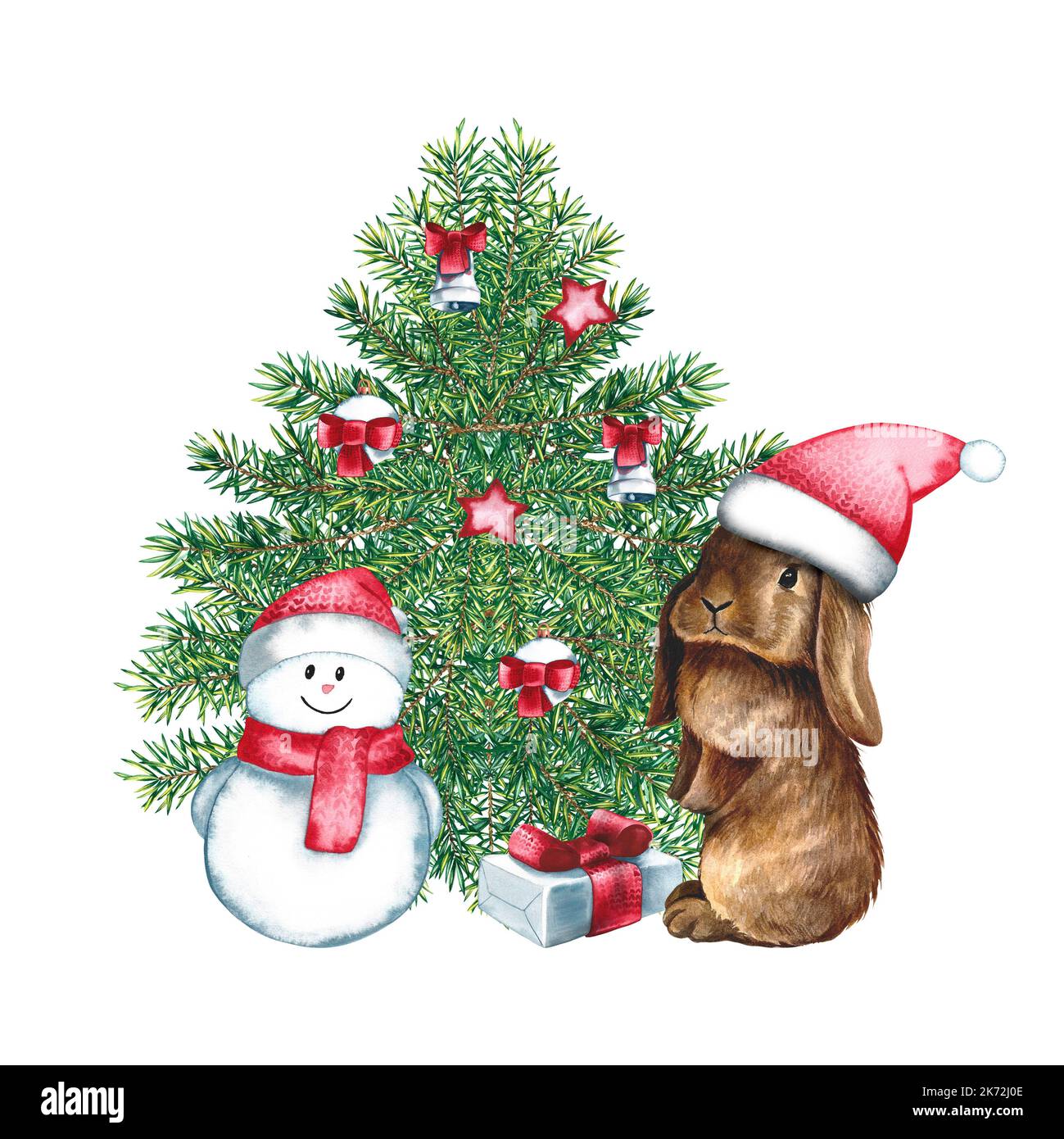Rabbit in a Santa Claus hat near the Christmas tree with a snowman and ...