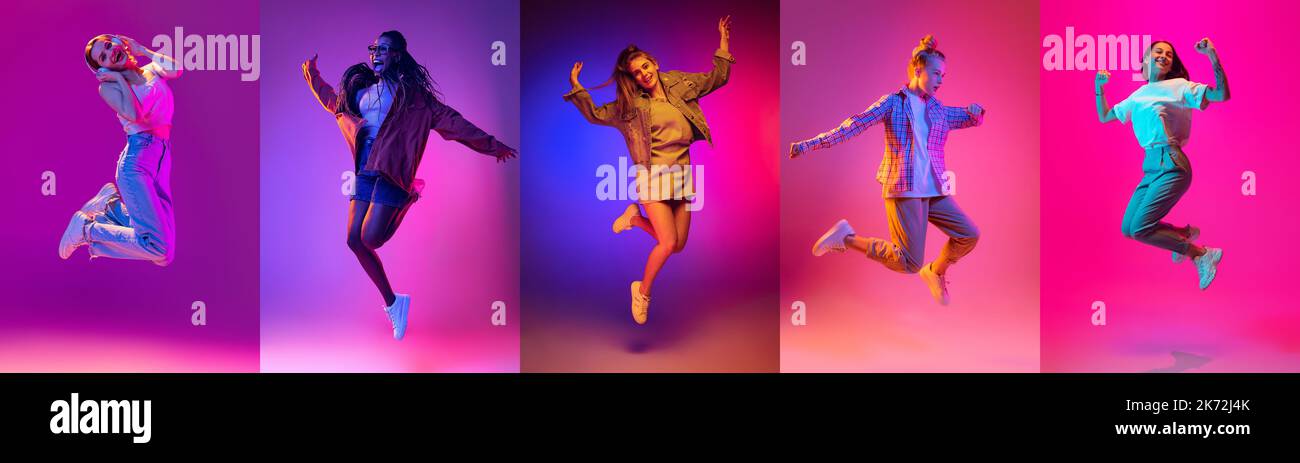 Collage of portraits of young excited expressive people jumping ...