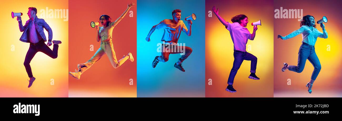 Collage of portraits of young excited expressive people jumping ...