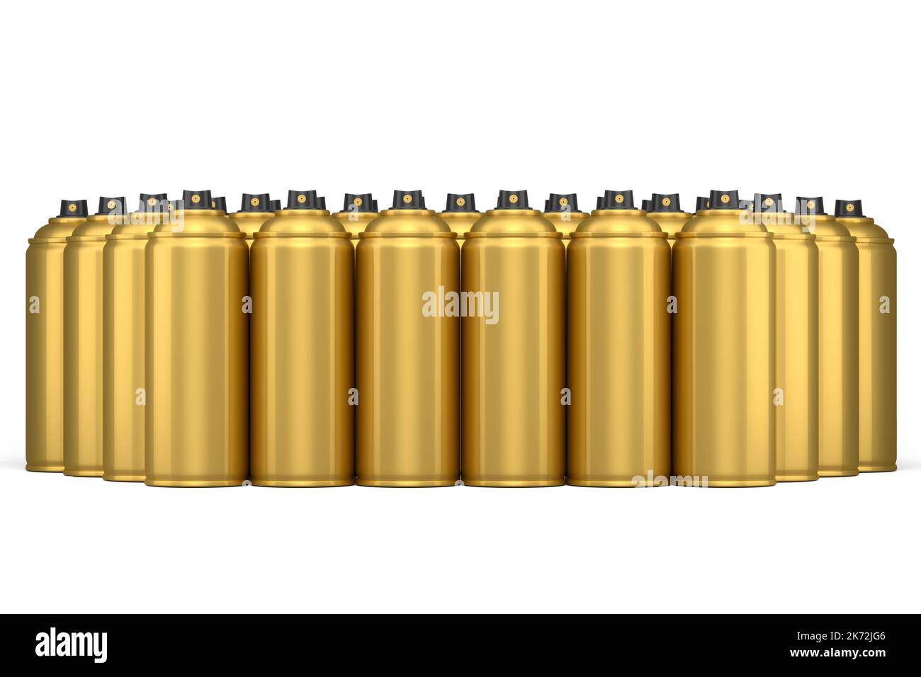 Set of gold spray paint cans in row on white background. 3d render ...