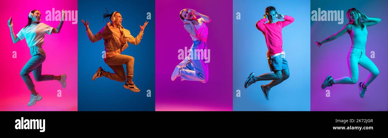 Collage of portraits of young excited expressive people jumping ...