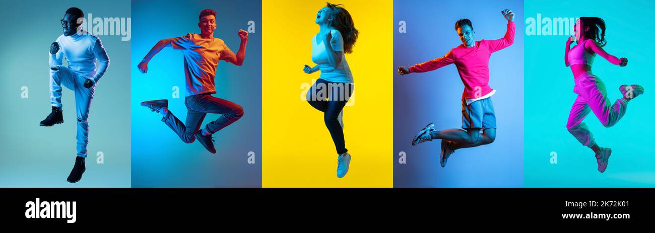 Freedom. Collage with young different active boys and girls dancing ...