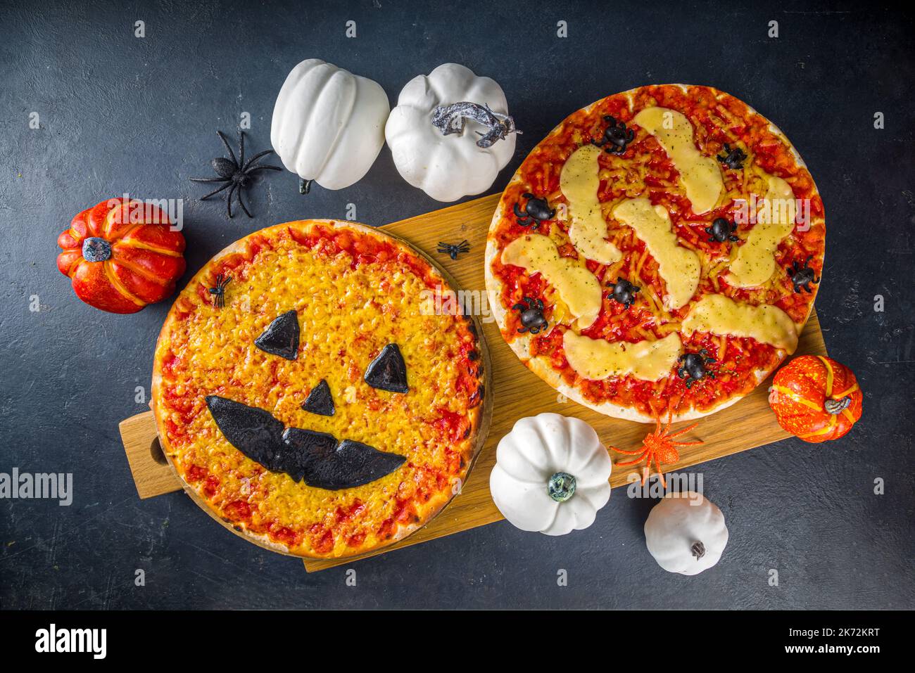 Halloween party trick or treat food, funny scary pizza in the style of ...