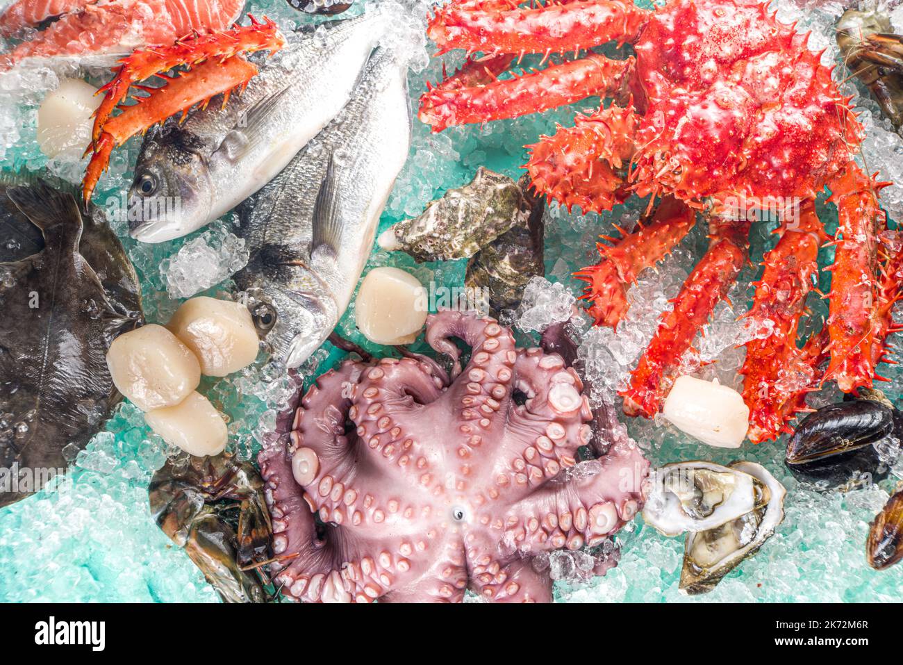 Set of various fresh raw seafood - octopus, crab, squid, shrimp prawn ...