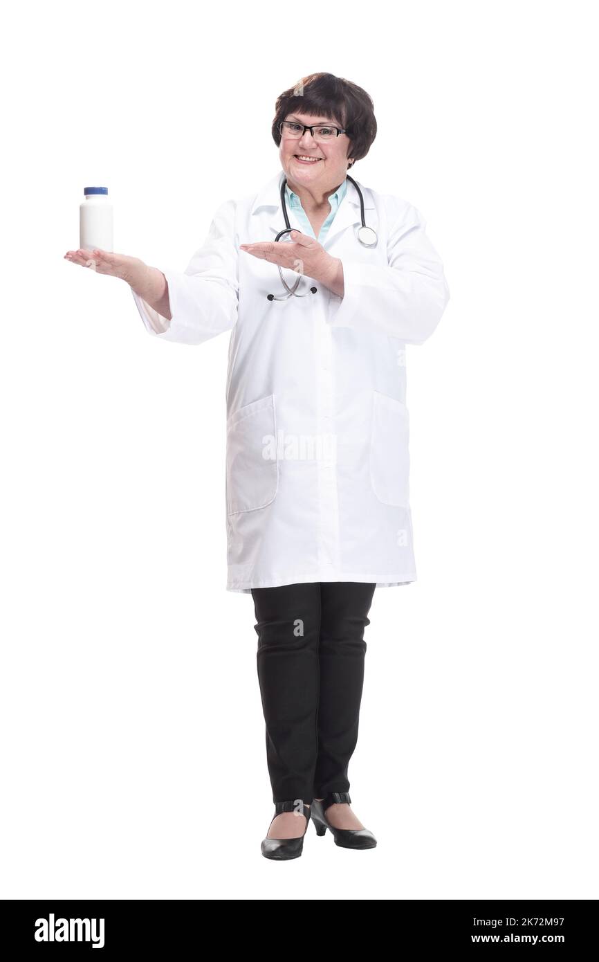 in full growth. senior female doctor with sanitizer in hand Stock Photo ...