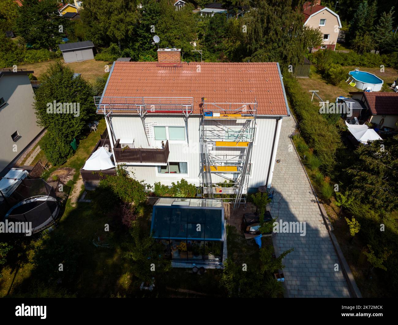 Aerial view of house with scaffolding Stock Photo - Alamy