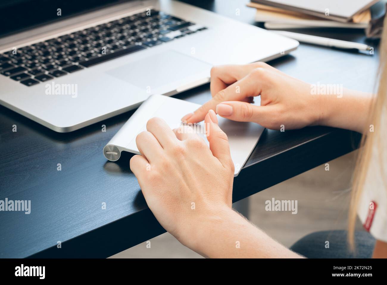 Close up of woman hand touching on laptop computer mouse pad Stock ...