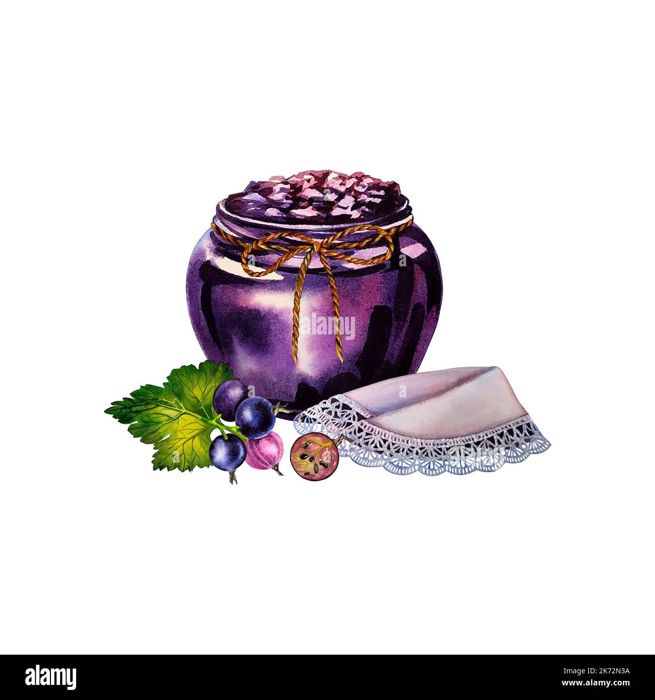 Blackcurrant jam. Watercolor illustration. For labels, packaging and ...