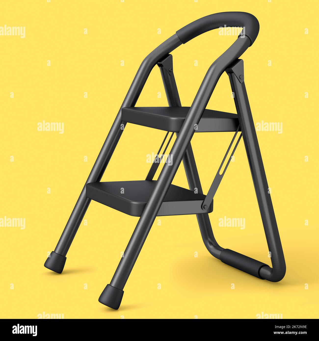 High folding metal ladder with steps on yellow background. 3d render of ...