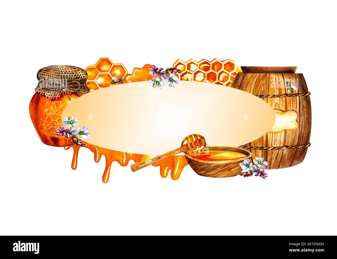 Honey. Design oval frame on the theme of honey. Watercolor illustration ...