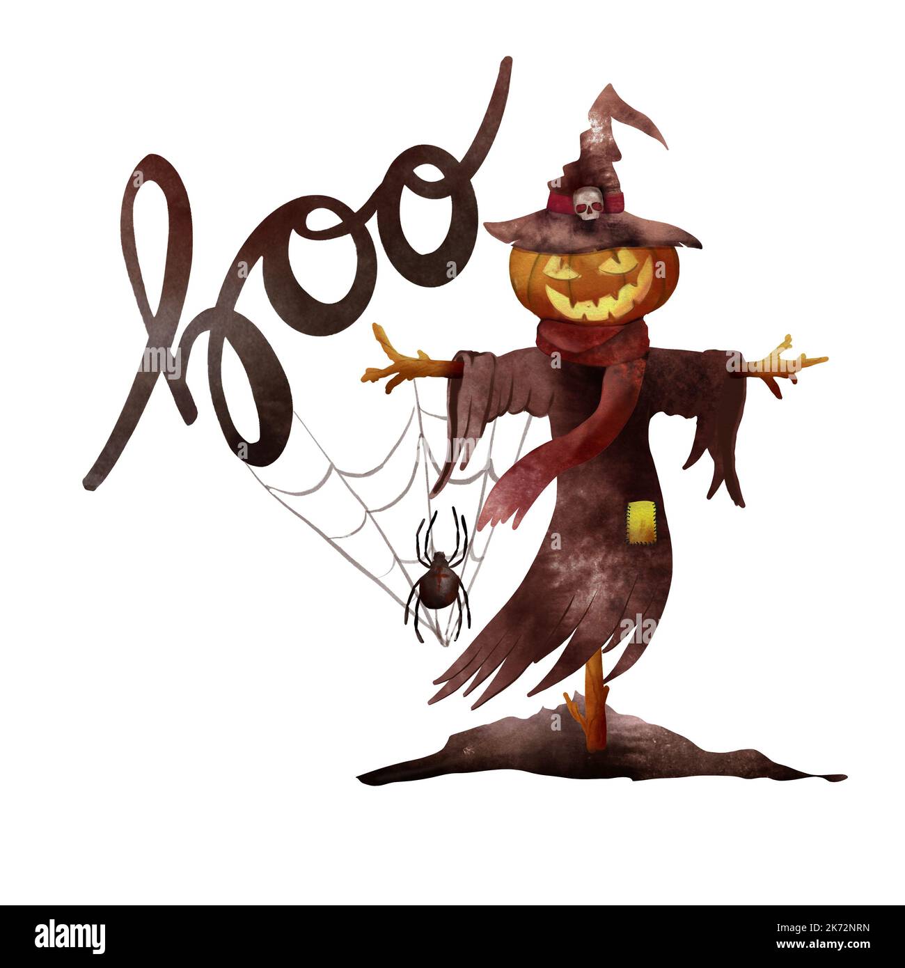 The inscription for the Halloween holiday with a scarecrow and spider ...