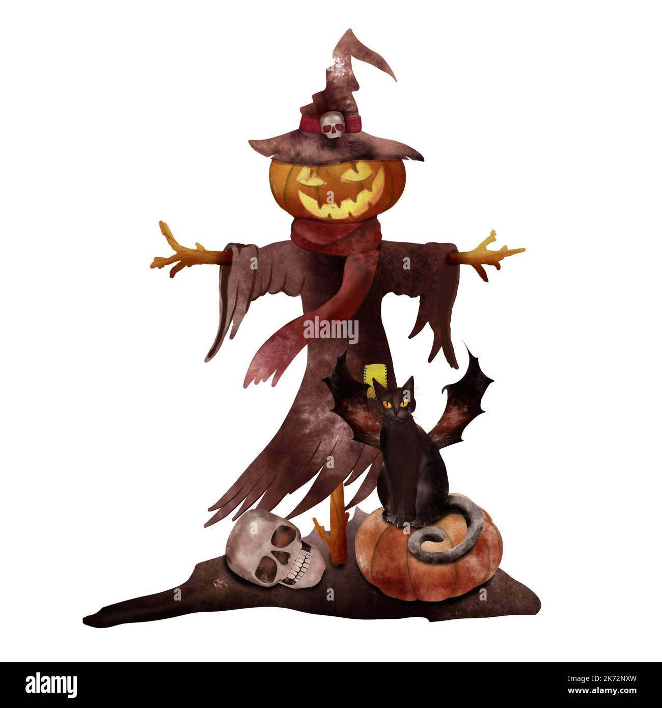 A scarecrow with a scary pumpkin, a black winged cat, skulls ...