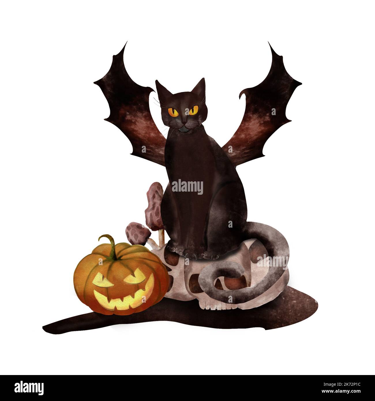 A black cat sits on the turtles.Watercolor illustration for Halloween ...