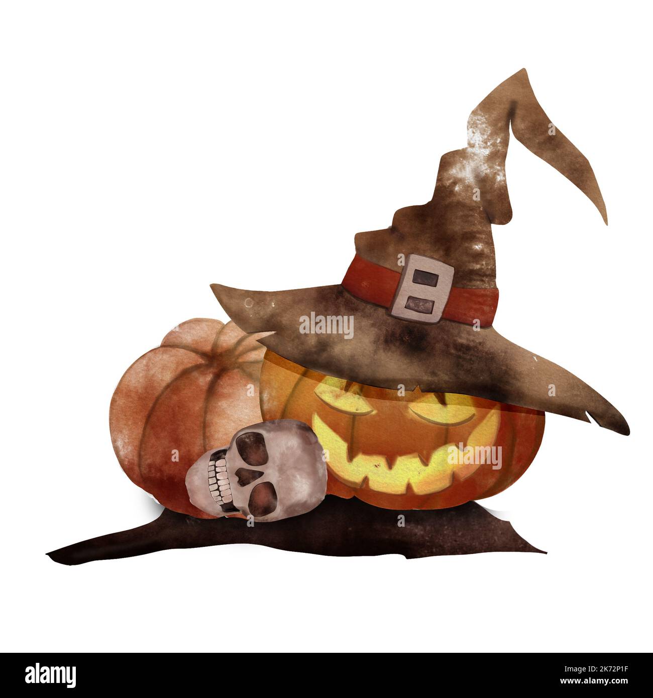 Scary pumpkin in a hat. Watercolor illustration for Halloween on a ...
