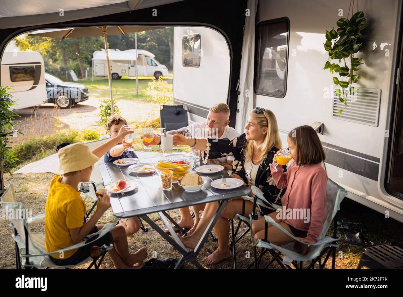 Family raising toast at picnic table Stock Photo - Alamy