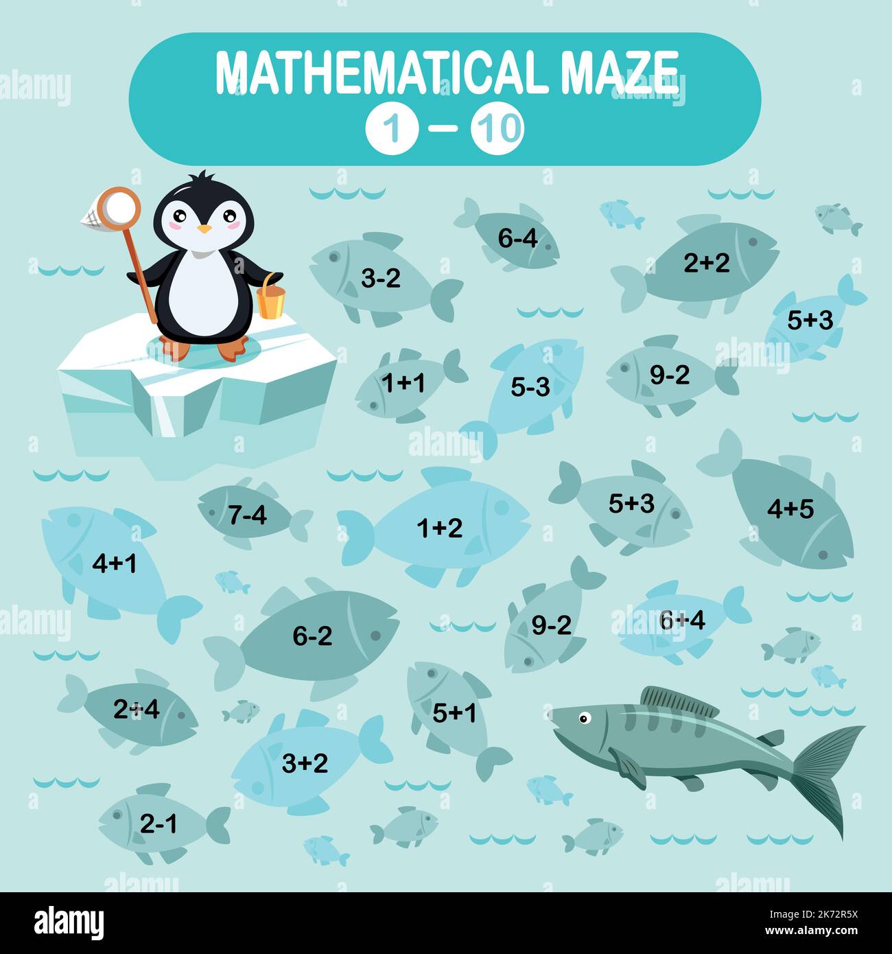 Mathematical maze game for small children. Winter collection. Penguin ...