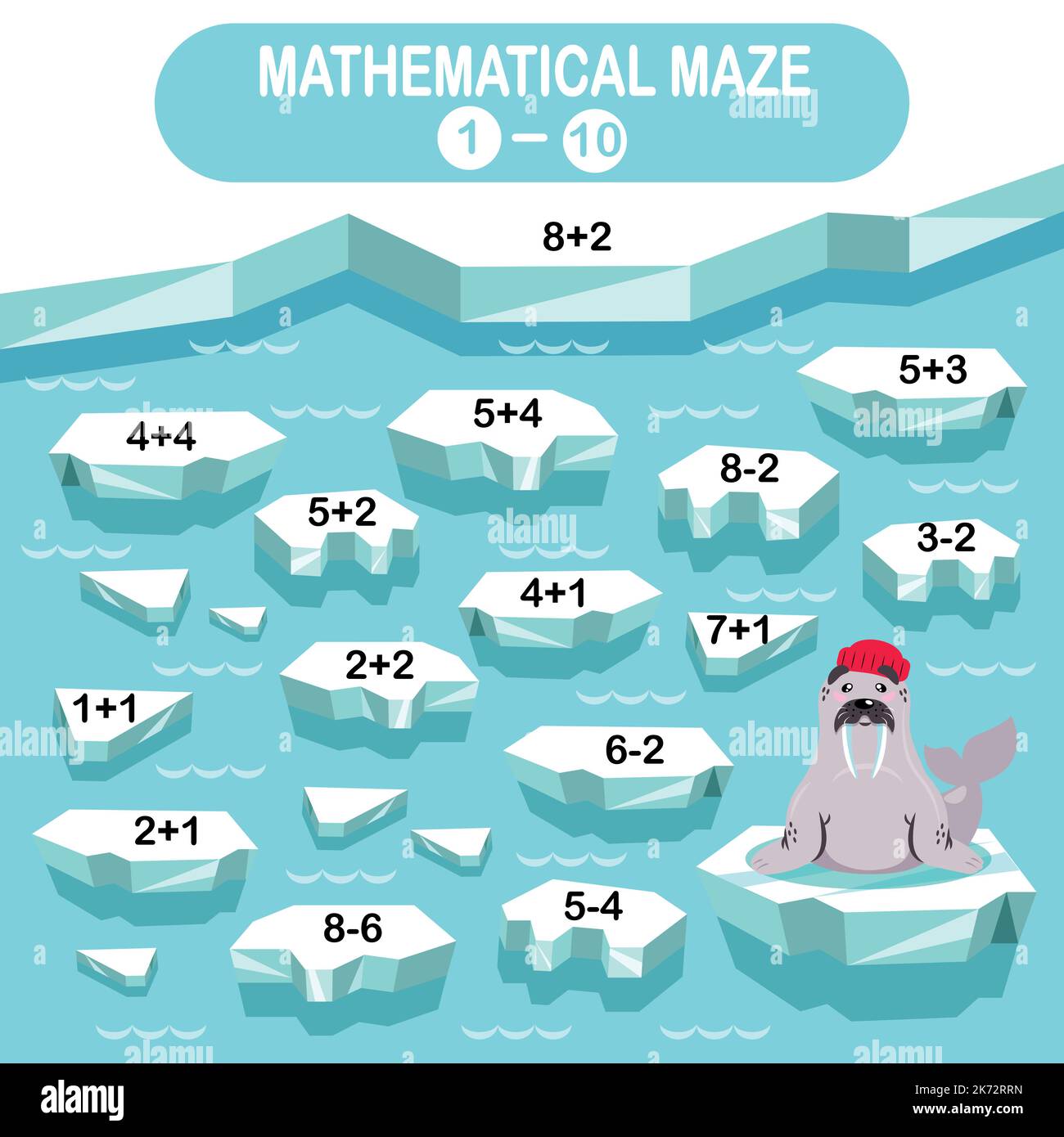 Math maze for kids. Winter collection. Walrus in the Arctic on an ice ...