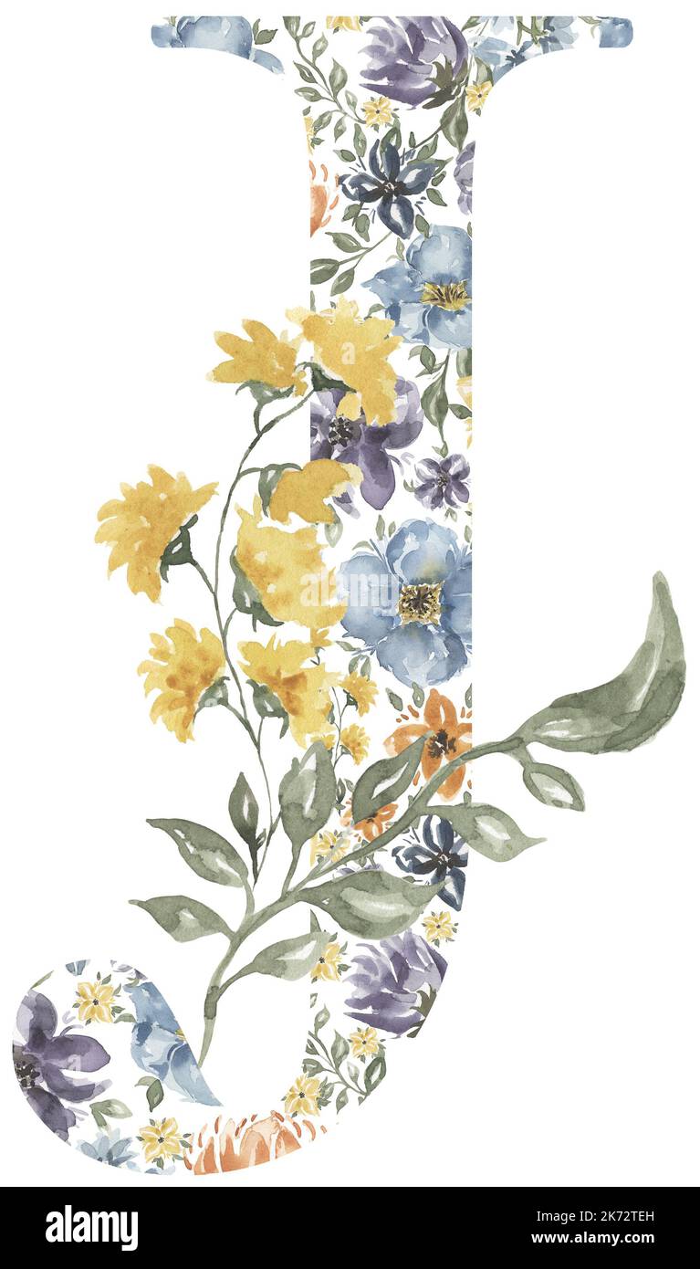 Wildflowers J letter clipart, Blossom Alphabet Design. Watercolor ...
