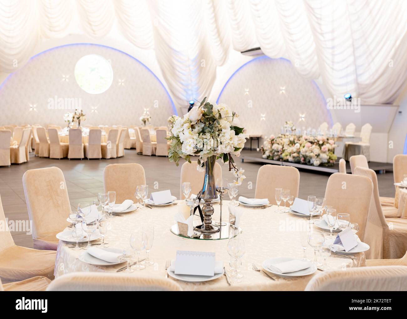 Front view banquet table with decorative flowers in the middle Stock ...