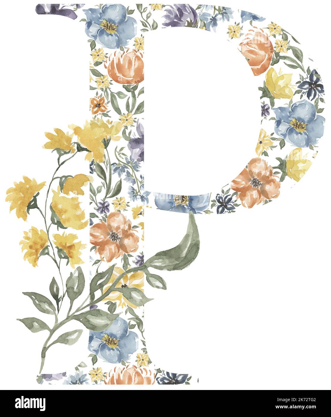 Wildflowers P letter clipart, Blossom Alphabet Design. Watercolor ...