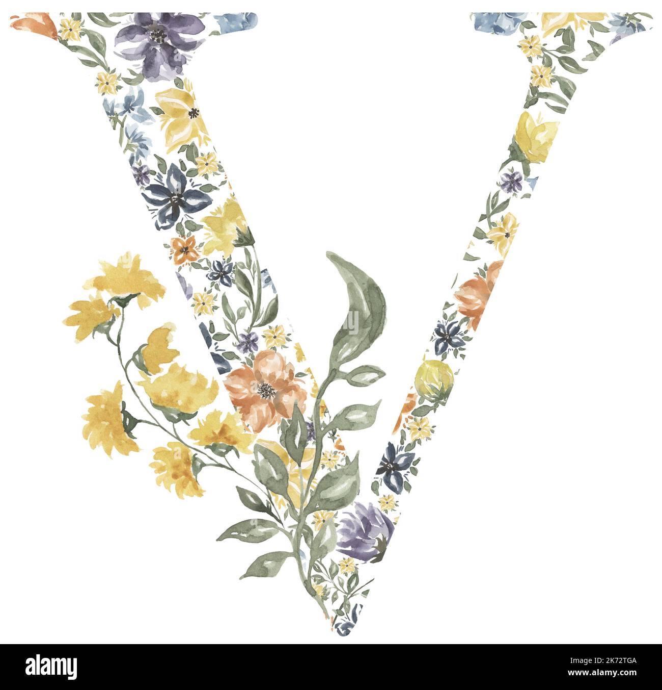 Wildflowers V letter clipart, Blossom Alphabet Design. Watercolor ...