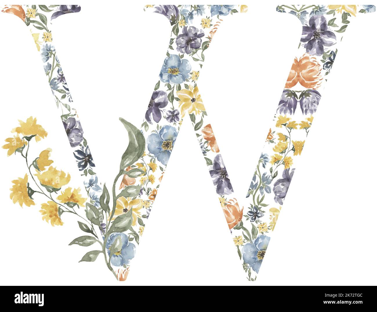 Wildflowers W letter clipart, Blossom Alphabet Design. Watercolor ...