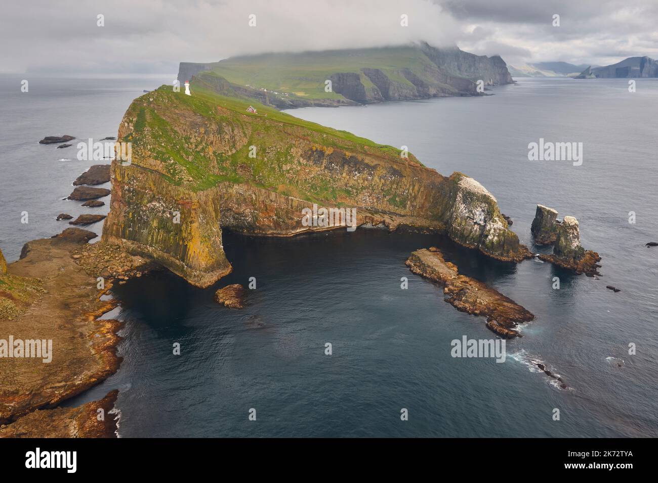 Mykines lighthouse and cliffs on Faroe islands from helicopter. Denmark ...